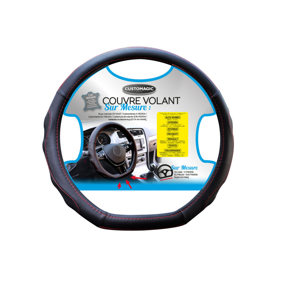 Couvre volant méplat CUSTOMAGIC en cuir noir : Auto5.be
